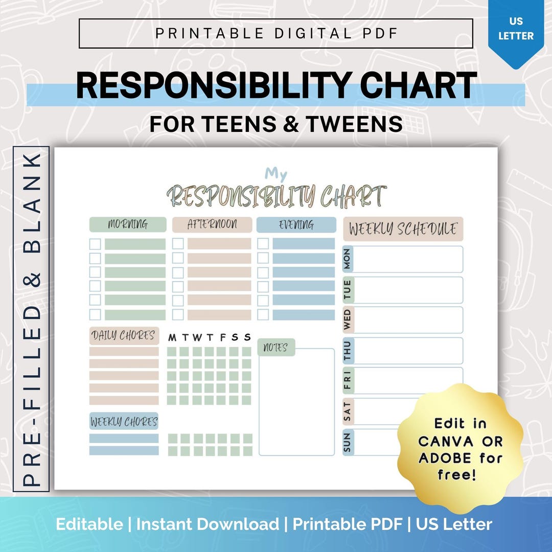 Editable Responsibility Chore Chart for Teens & Tweens Printable Daily ...