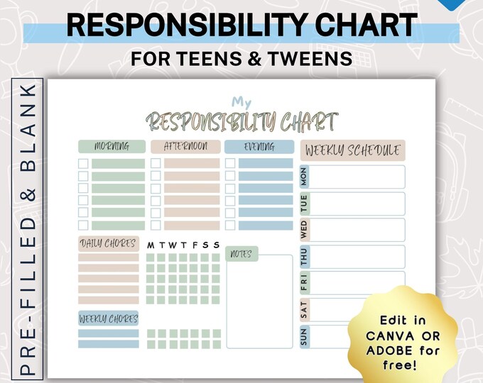 Kids Chore Charts for Tweens and Teens Bundle, Pink, Purple Routine and ...