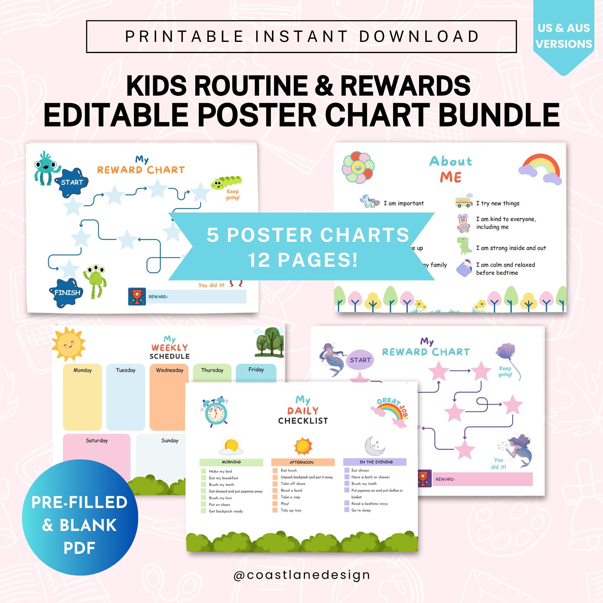 Kids Routine & Rewards Editable Poster Chart Bundle, Daily Checklist ...