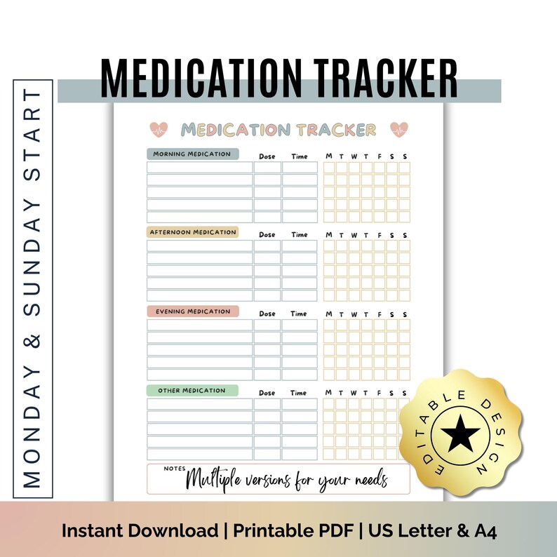 Daily Medication Tracker, Med Log, Medicine List, Supplement Chart | Printable Weekly Medication ...