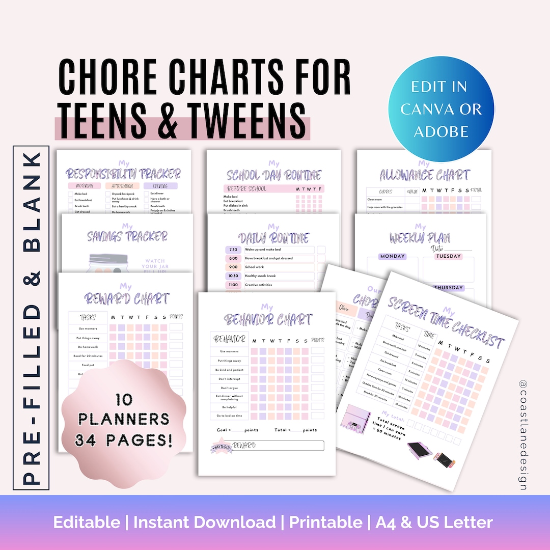 Chore Charts for Teens & Tweens, Pink, Purple, Behavior, Screen Time ...