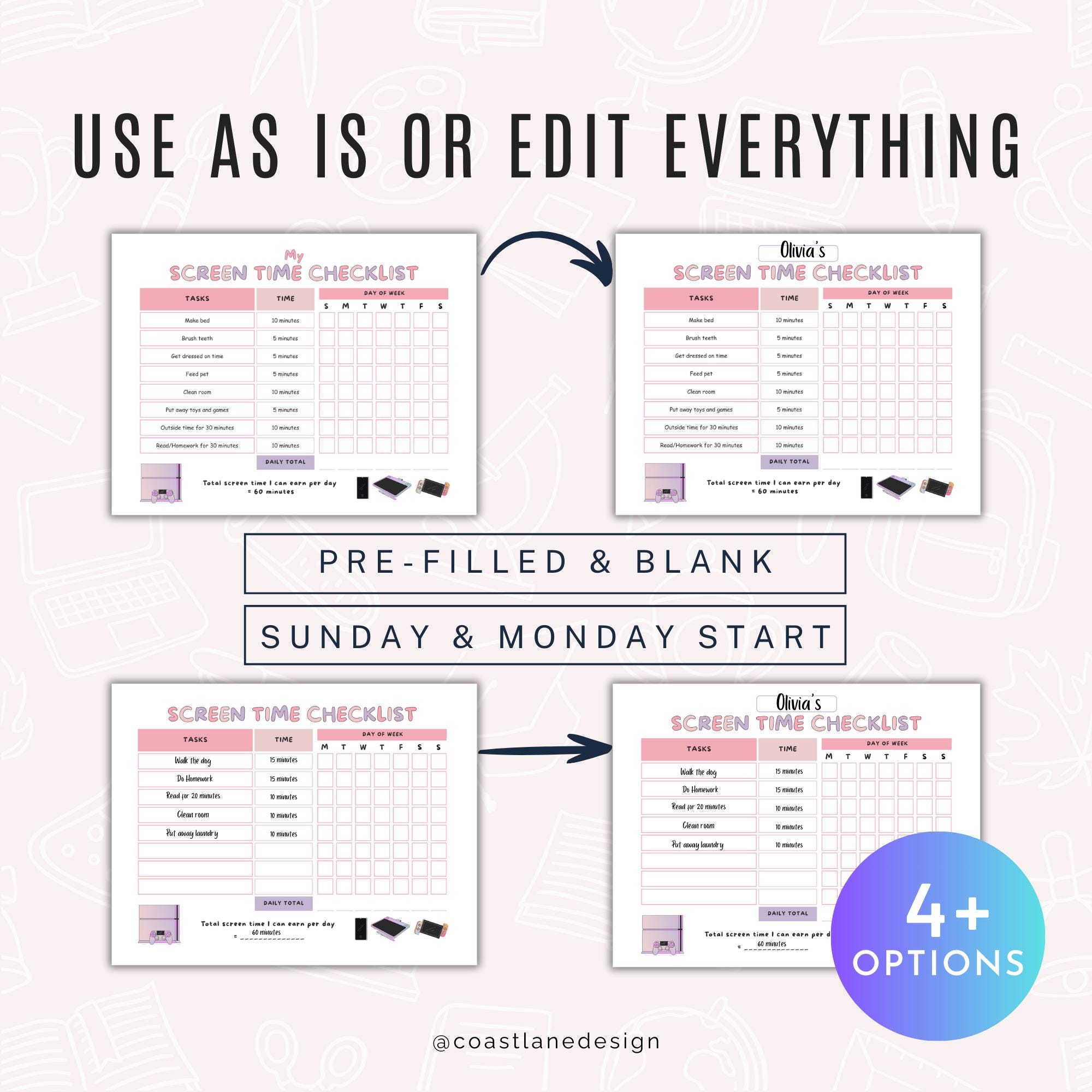 Editable Screen Time Chart for Kids – Earn Screen Time Checklist With ...