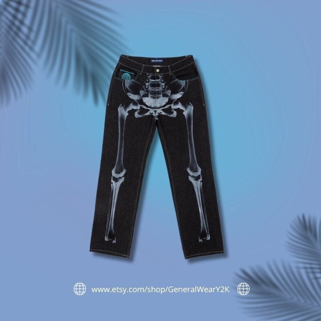 Human Leg X-ray Print Jeans Loose-fit Skull Embroidered - Etsy