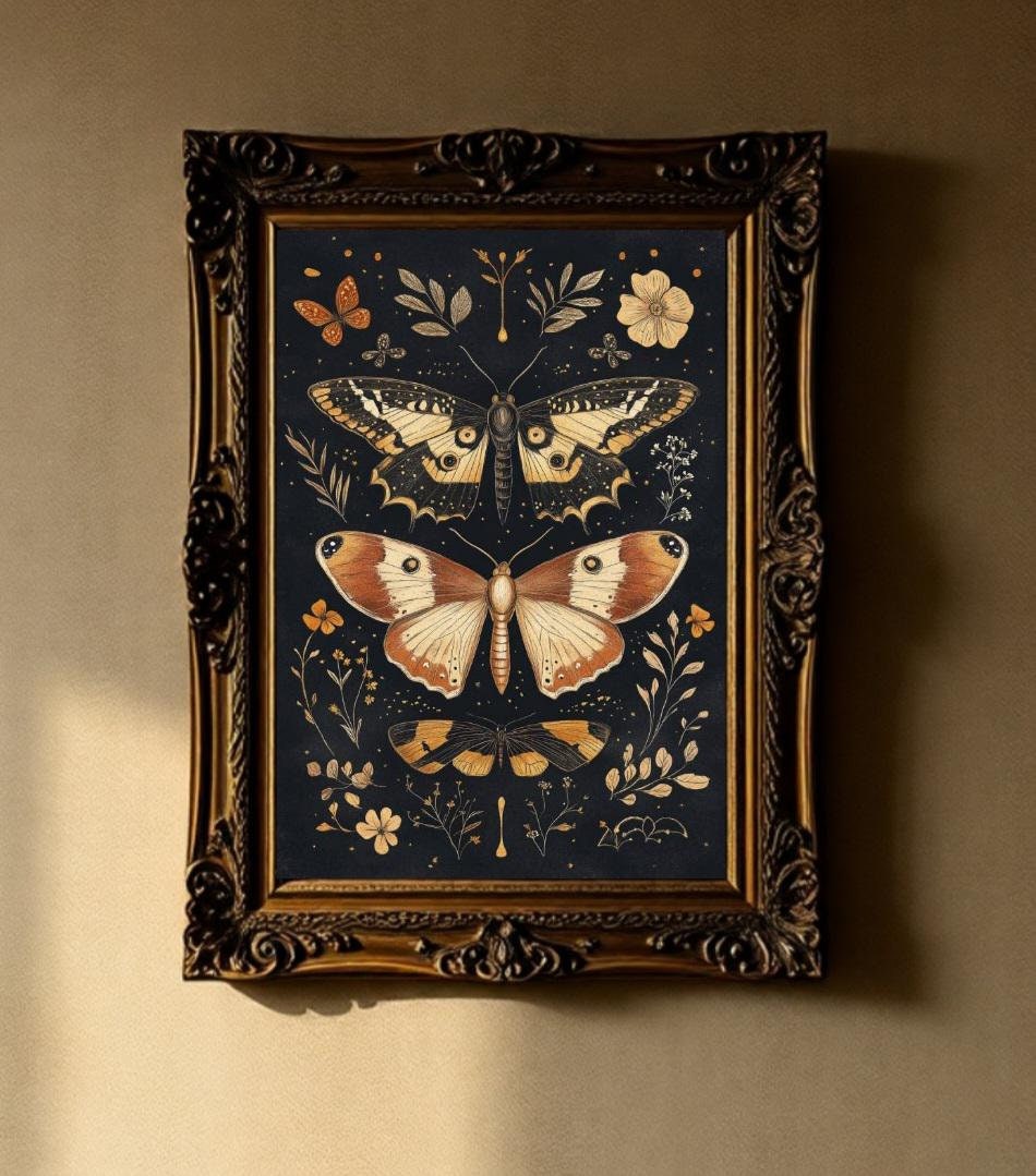 Rustic Botanical Moths | Dark Academia, Moody Floral Print, Dark ...