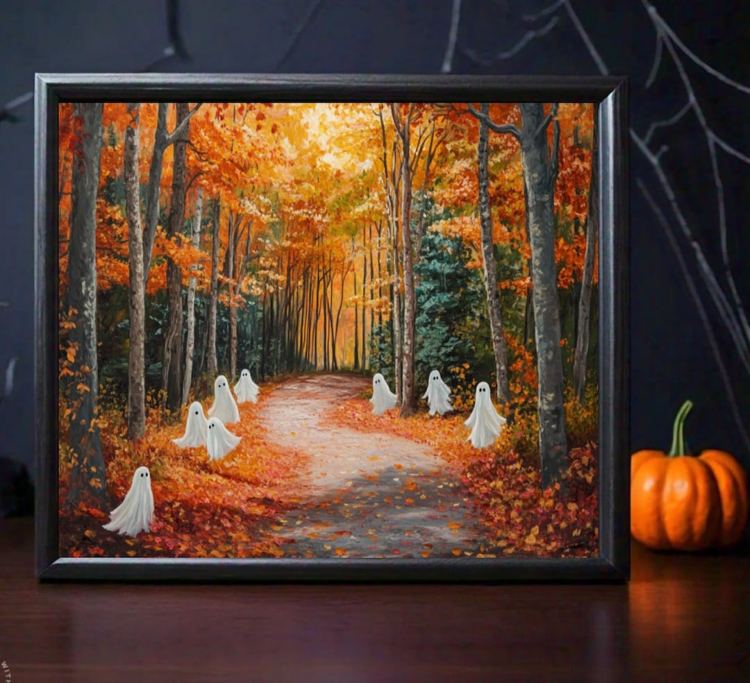 Cute Ghosts Autumn Wall Art Landscape Painting Fall Home Decor Fall ...