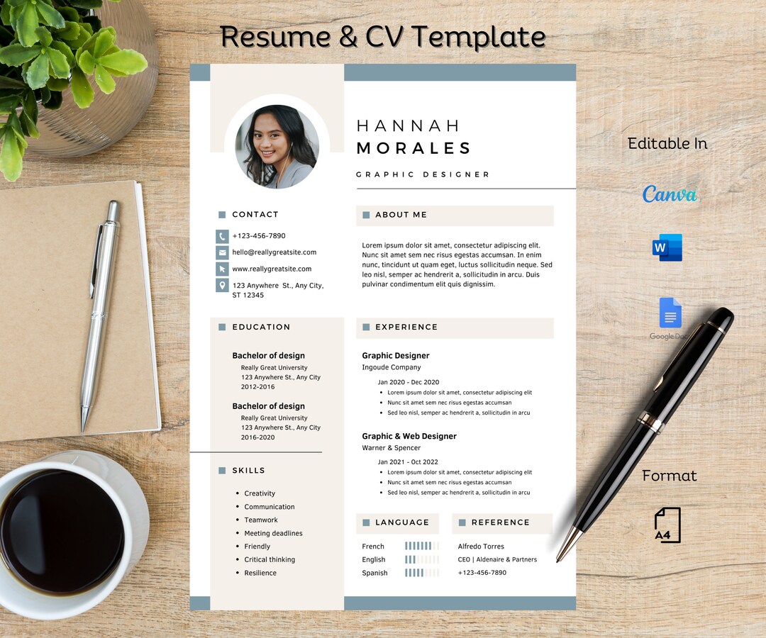 Canva Resume and CV Template, Editable in Word and Docs , ATS Friendly ...