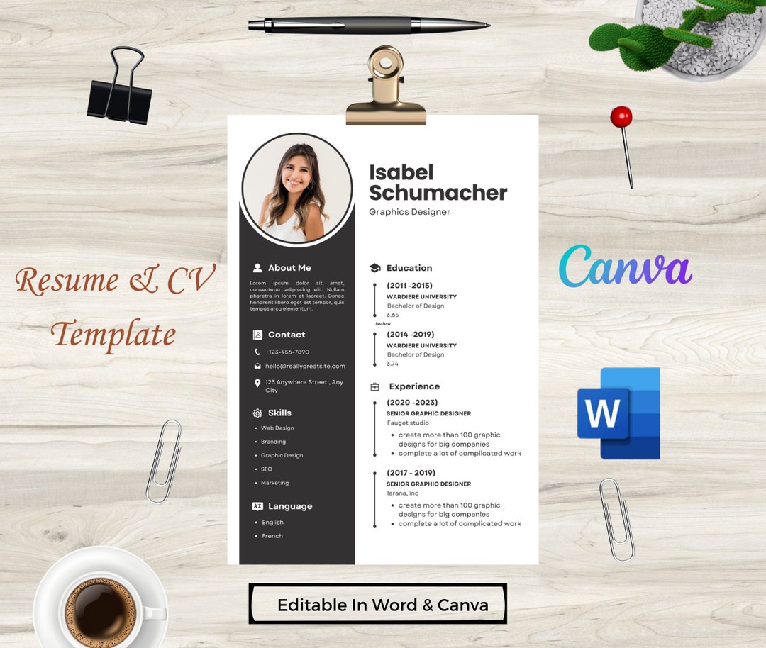 Canva Resume and CV Template, Editable in Word and Docs , ATS Friendly ...
