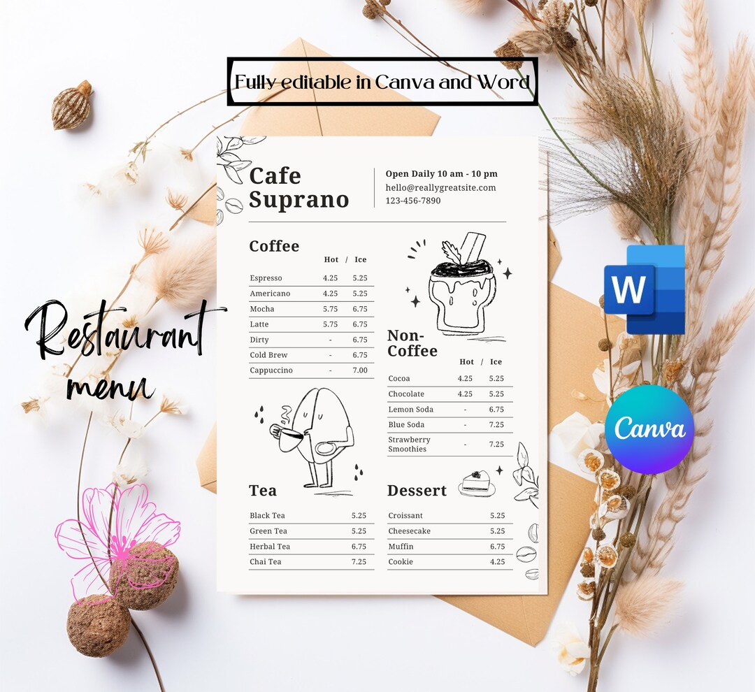 Canva Cafe Menu Template: Editable Restaurant & Cafe Menu Design. Also ...
