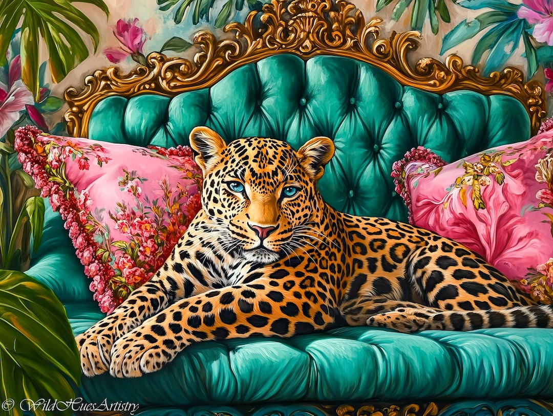 Vintage Retro Leopard on Ornate Sofa Oil Painting, Leopard Bedroom ...