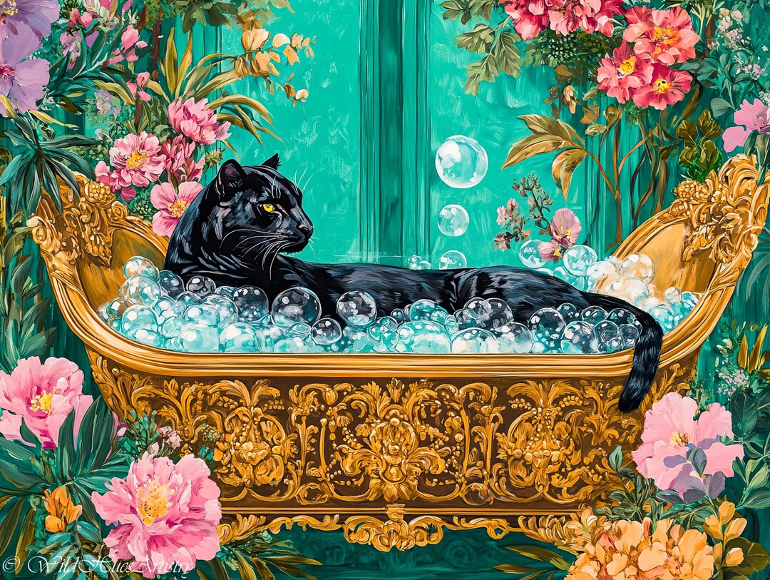 Bold Retro Black Panther in Ornate Bath Oil Painting, Panther Bedroom ...