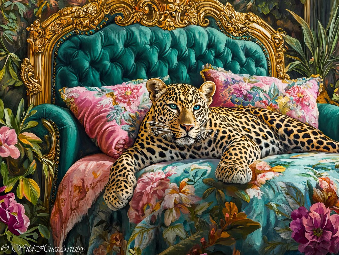 Vintage Retro Leopard on Ornate Sofa Oil Painting, Leopard Bedroom ...