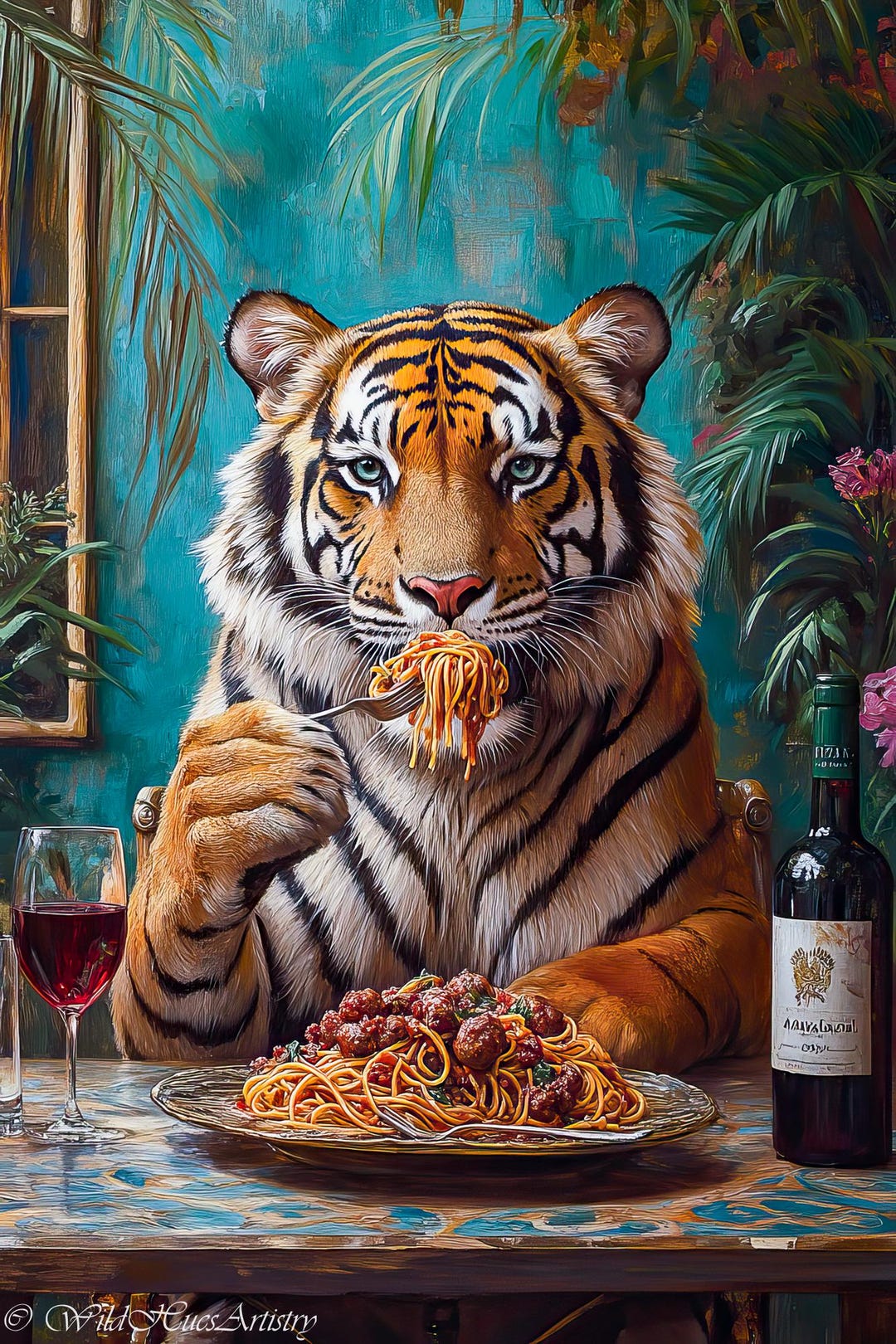 Maximalist Bengal Tiger Eating Spaghetti Painting, Tiger Dining Wall ...