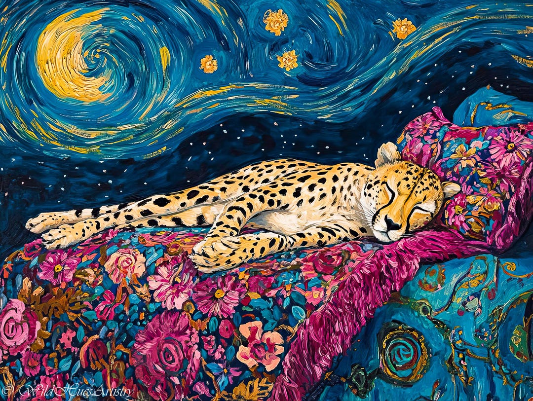 Grandmillennial Cheetah Sleeping on Bed Painting, Cheetah Starry Night ...
