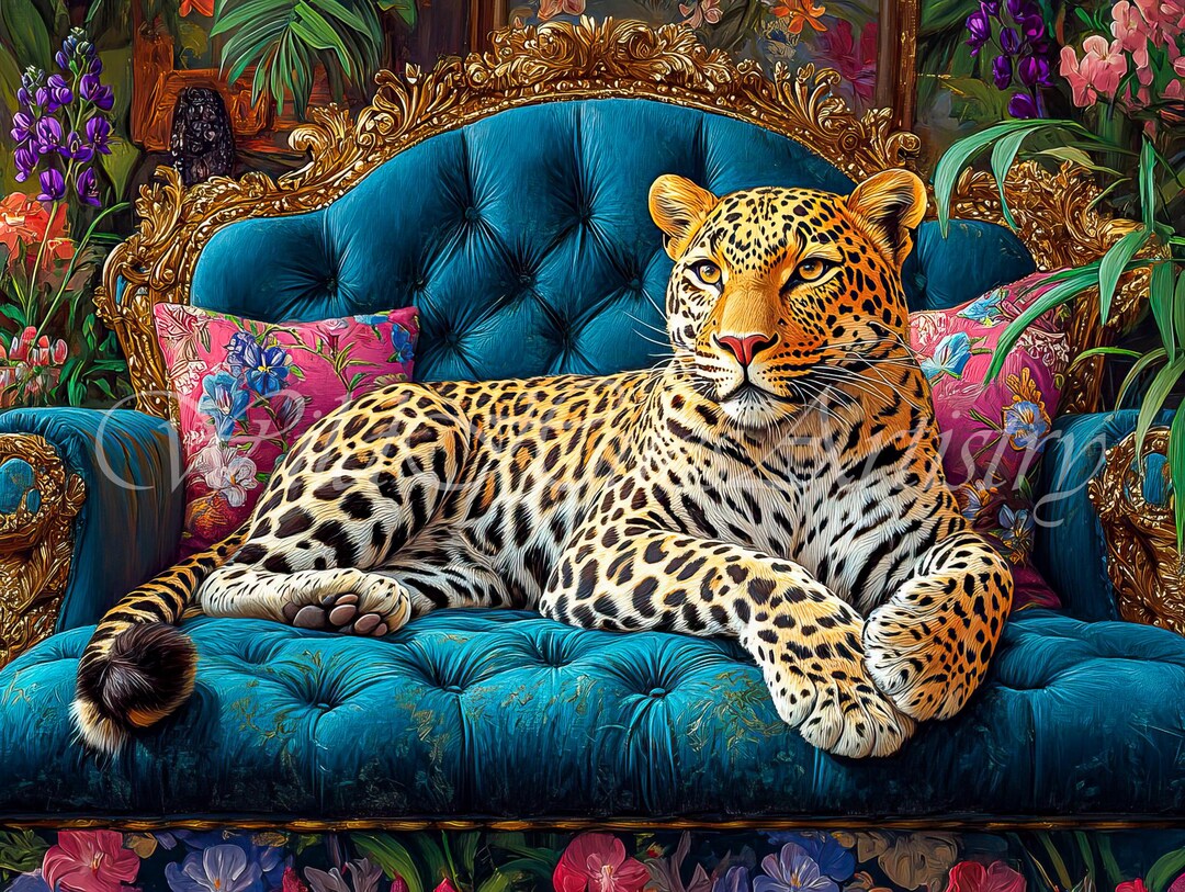 Vintage Retro Leopard on Ornate Sofa Oil Painting, Leopard Bluebonnet ...