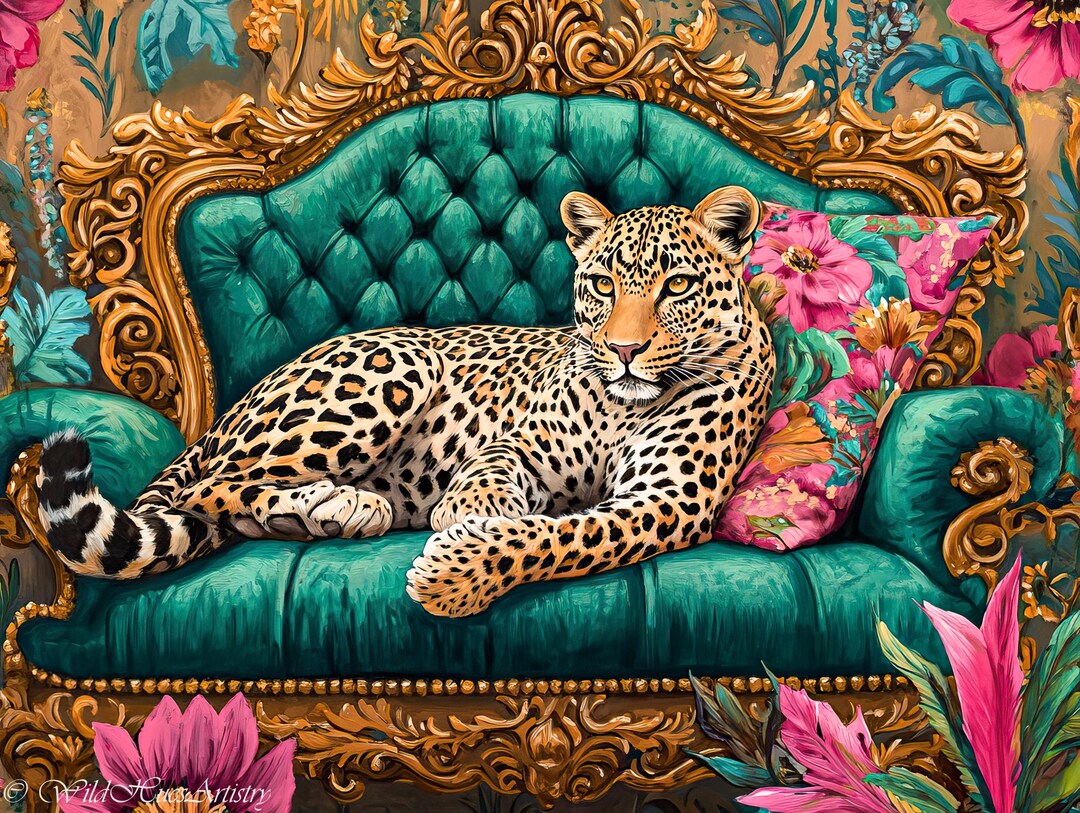 Vintage Retro Leopard on Ornate Sofa Oil Painting, Leopard Bedroom ...