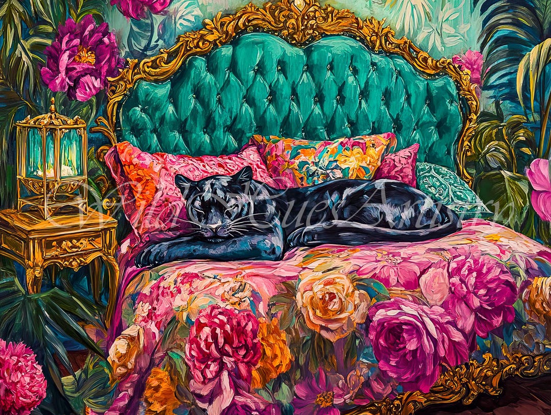 Bold Retro Black Panther on Ornate Bed Oil Painting, Panther Bedroom ...