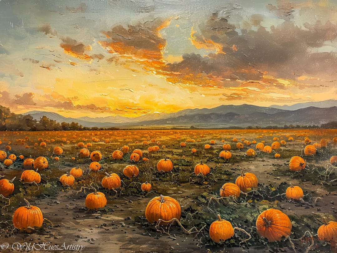Vintage 19th Century Pumpkin Patch Landscape Oil Painting, Rustic ...