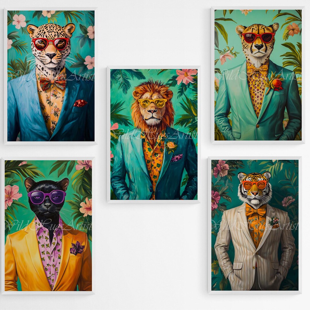 Set of 5 Bold Fashionista Big Cats Paintings, Leopard Girls Room ...