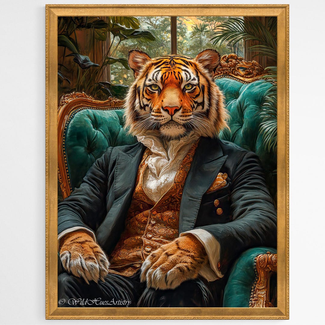 Retro Bengal Tiger on Ornate Chair Oil Painting, Tiger Living Room ...