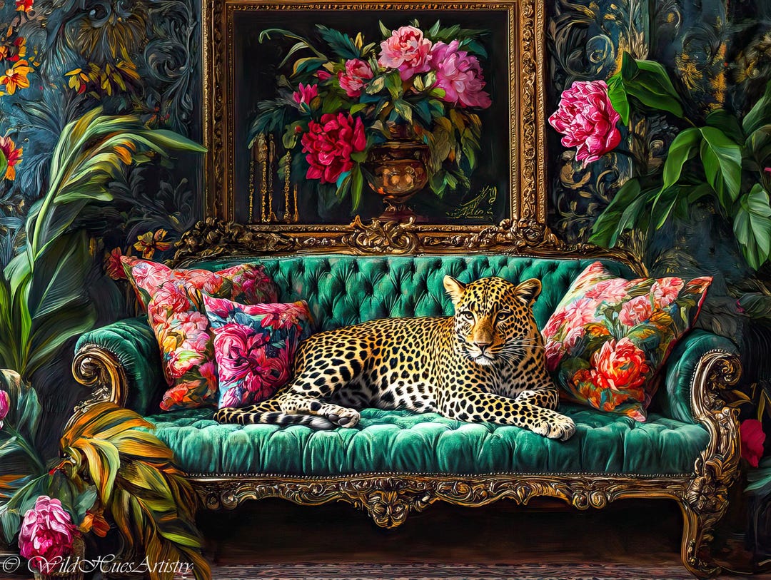 Vintage Retro Leopard on Ornate Sofa Oil Painting, Leopard Bedroom ...