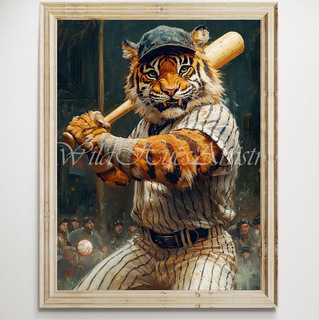 Baseball Tiger Painting, Powerful Tiger Athlete Art, Vintage Retro ...