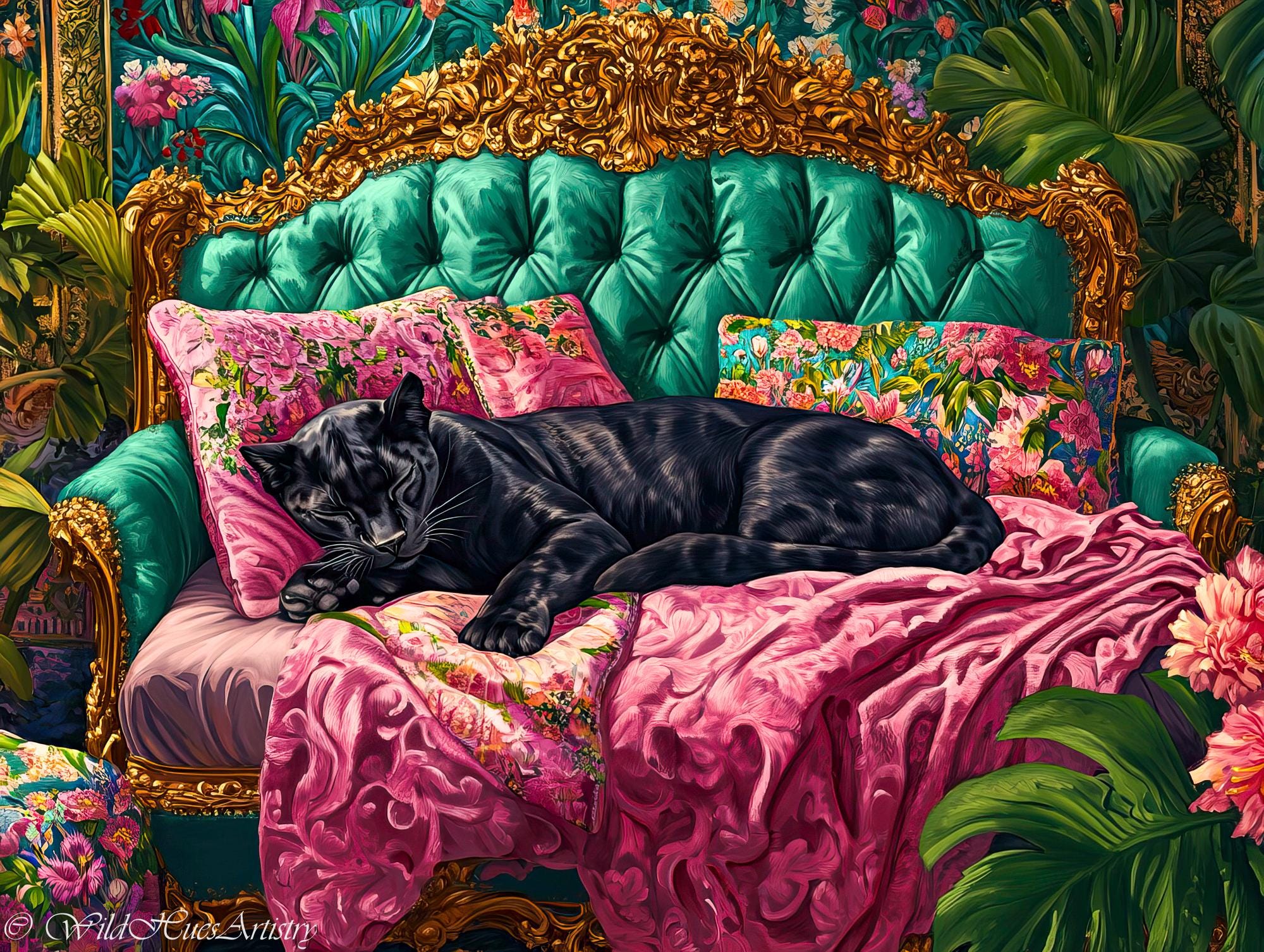 Bold Retro Black Panther on Ornate Sofa Oil Painting, Panther Bedroom ...