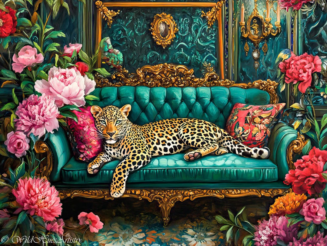 Vintage Retro Leopard on Ornate Sofa Oil Painting, Leopard Bedroom ...
