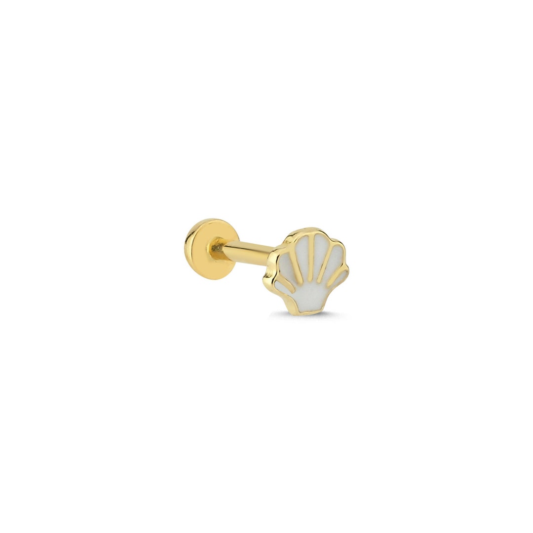White Sea Shell Piercing, 14K Solid Gold Labret Cartilage Stud ...
