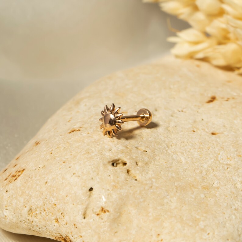 Sun Piercing, 14K Solid Gold Labret Cartilage Stud, Cartilage Earring ...