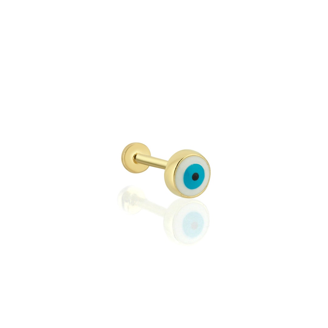 Evil Eye Piercing, 14K Solid Gold Labret Cartilage Stud, Cartilage ...