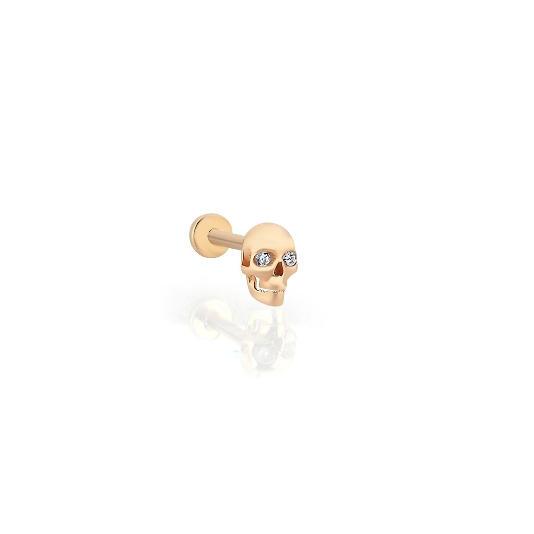 Skull Piercing 14K Solid Gold Labret Cartilage Stud - Etsy