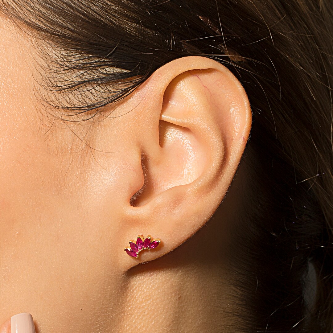 CZ Ruby Piercing, 14K Solid Gold Labret Cartilage Stud, Cartilage ...