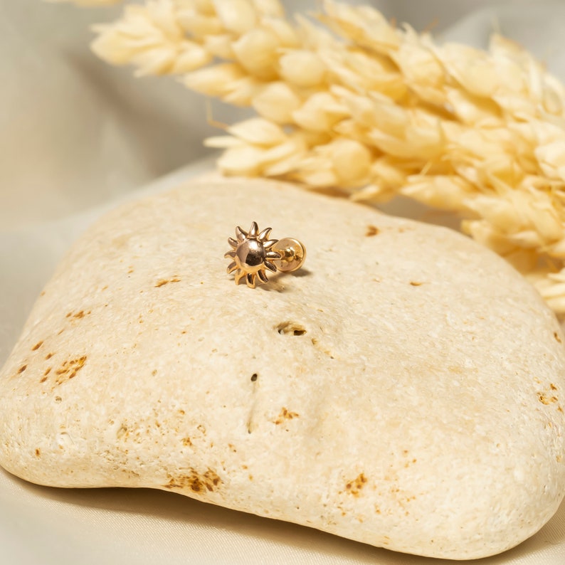 Sun Piercing, 14K Solid Gold Labret Cartilage Stud, Cartilage Earring ...