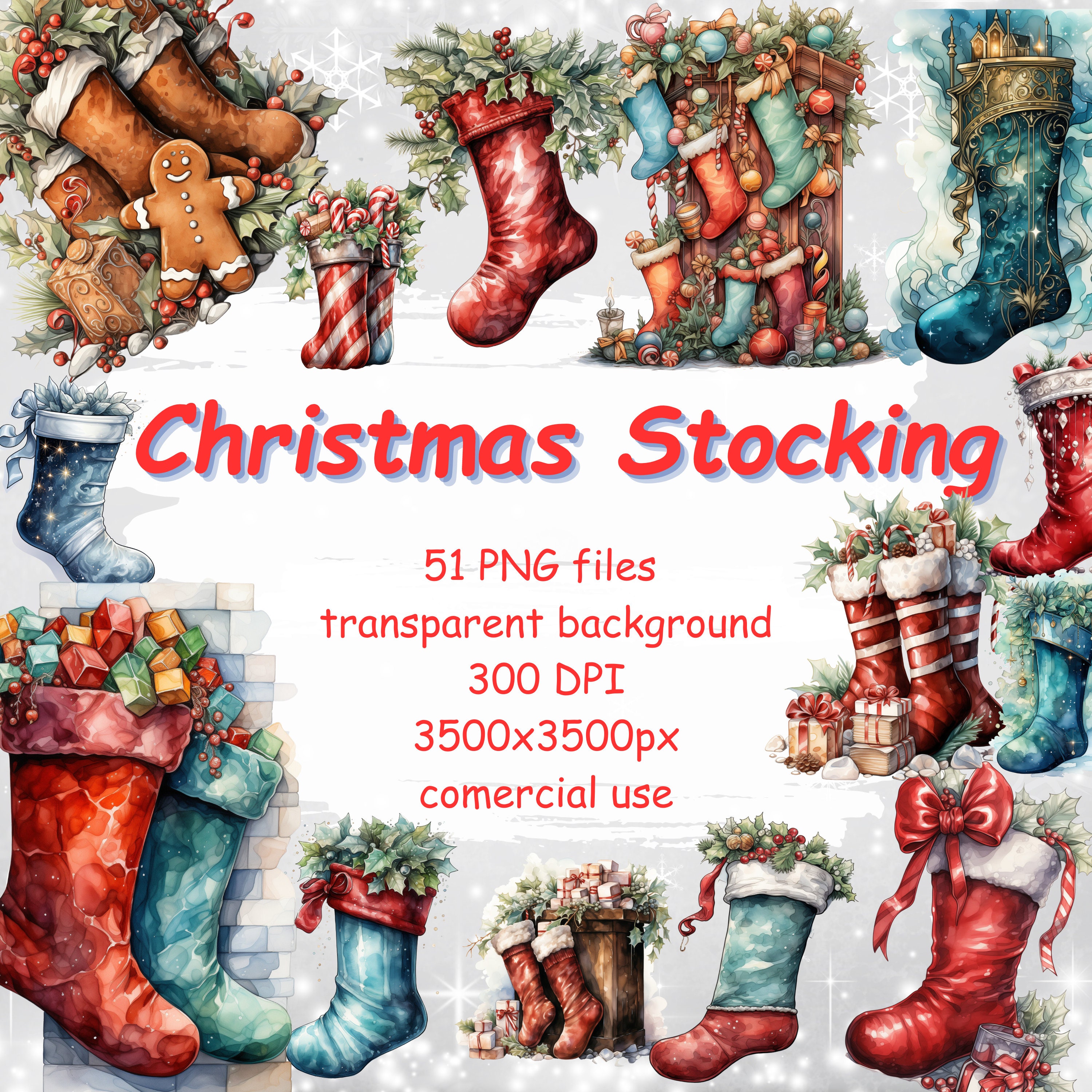 Christmas Stocking Clipart, Watercolor Christmas Clipart, Traditional ...