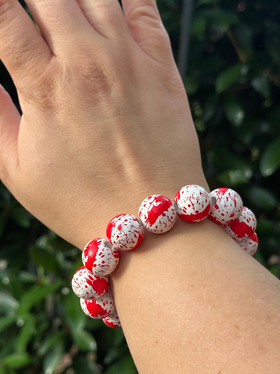 Blood Splatter Wooden Bead Bracelet, Wood Bead Bracelet, Halloween ...