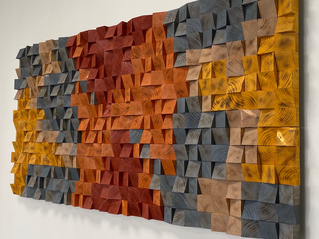 Wooden Wall Art - Rustic Burnt Wood Block Art - Wood Sound Diffuser ...
