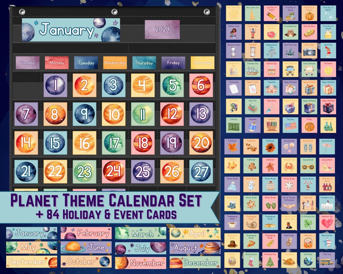Classroom Pocket Calendar Watercolor Outer Space Printable PDF - Etsy