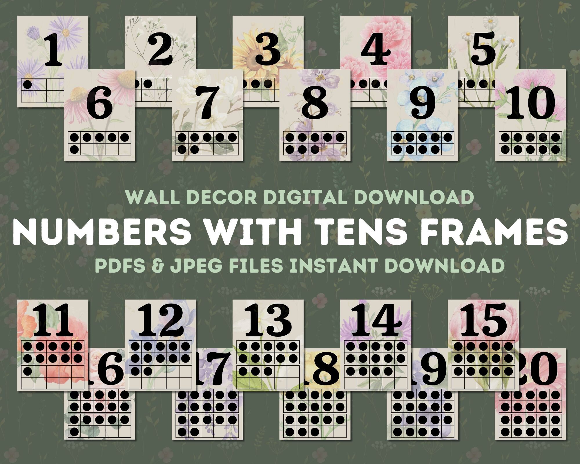 Floral Numbers Tens Frames Printable Classroom Wall Decor PDF & JPEG - Etsy