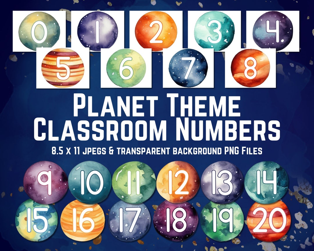 Classroom Watercolor Planet Numbers Printable | JPEG & PNG - Etsy