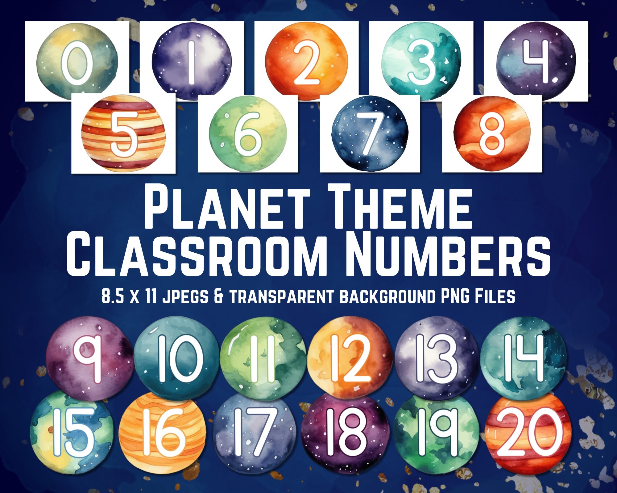 Classroom Watercolor Planet Numbers Printable | JPEG & PNG - Etsy