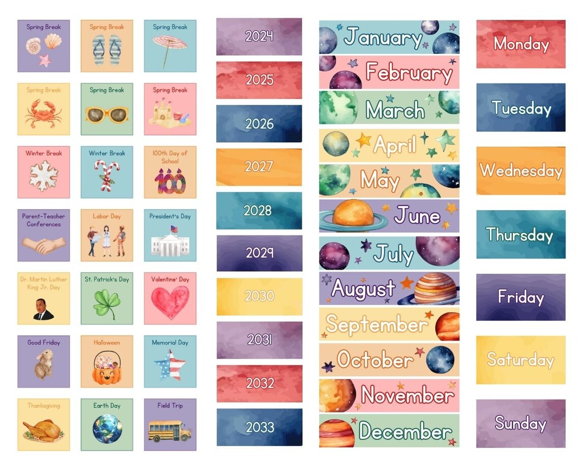 Classroom Pocket Calendar Watercolor Outer Space | Printable | PDF - Etsy