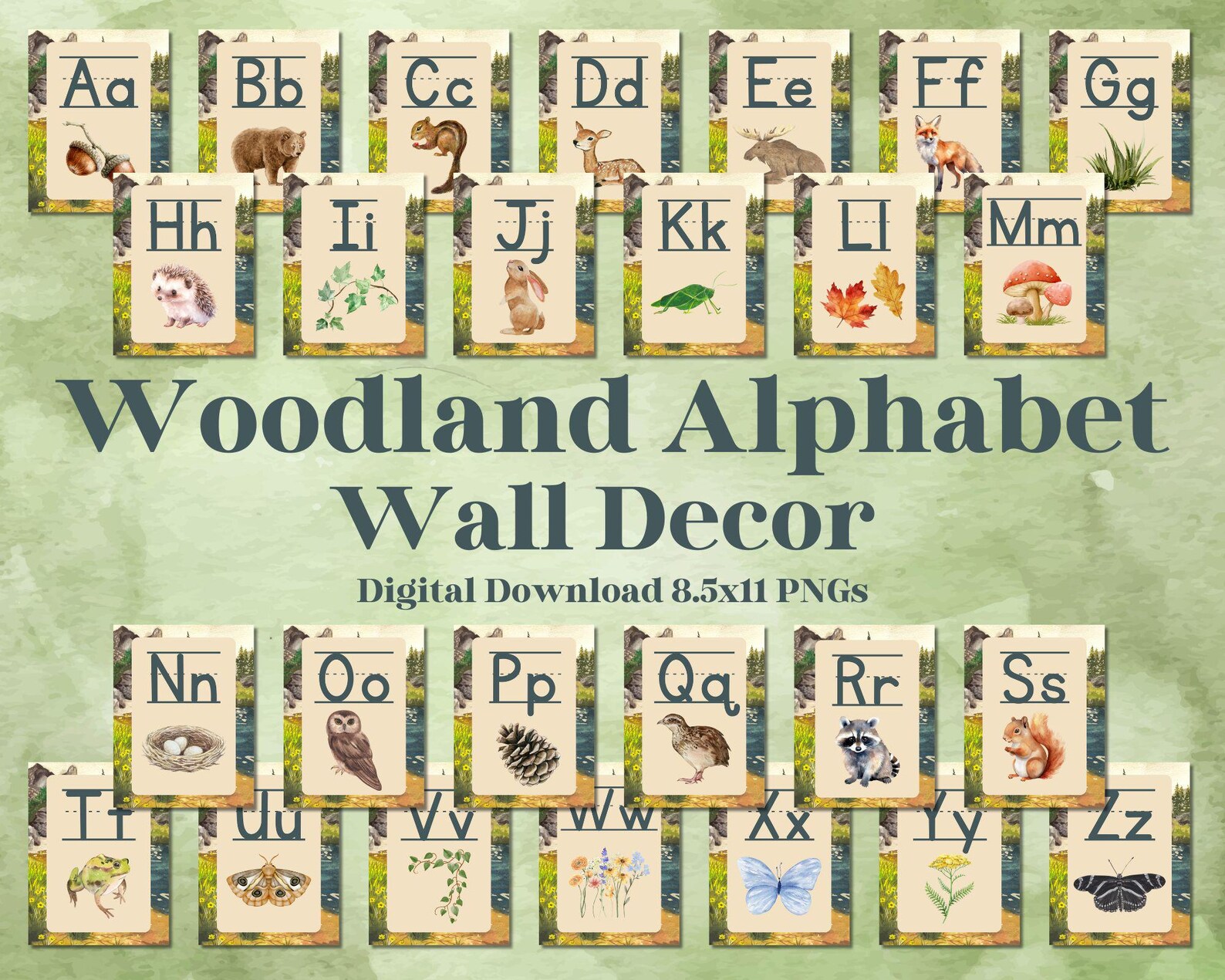 Woodland Animals Alphabet Printable Classroom or Bedroom Wall Decor PNG ...