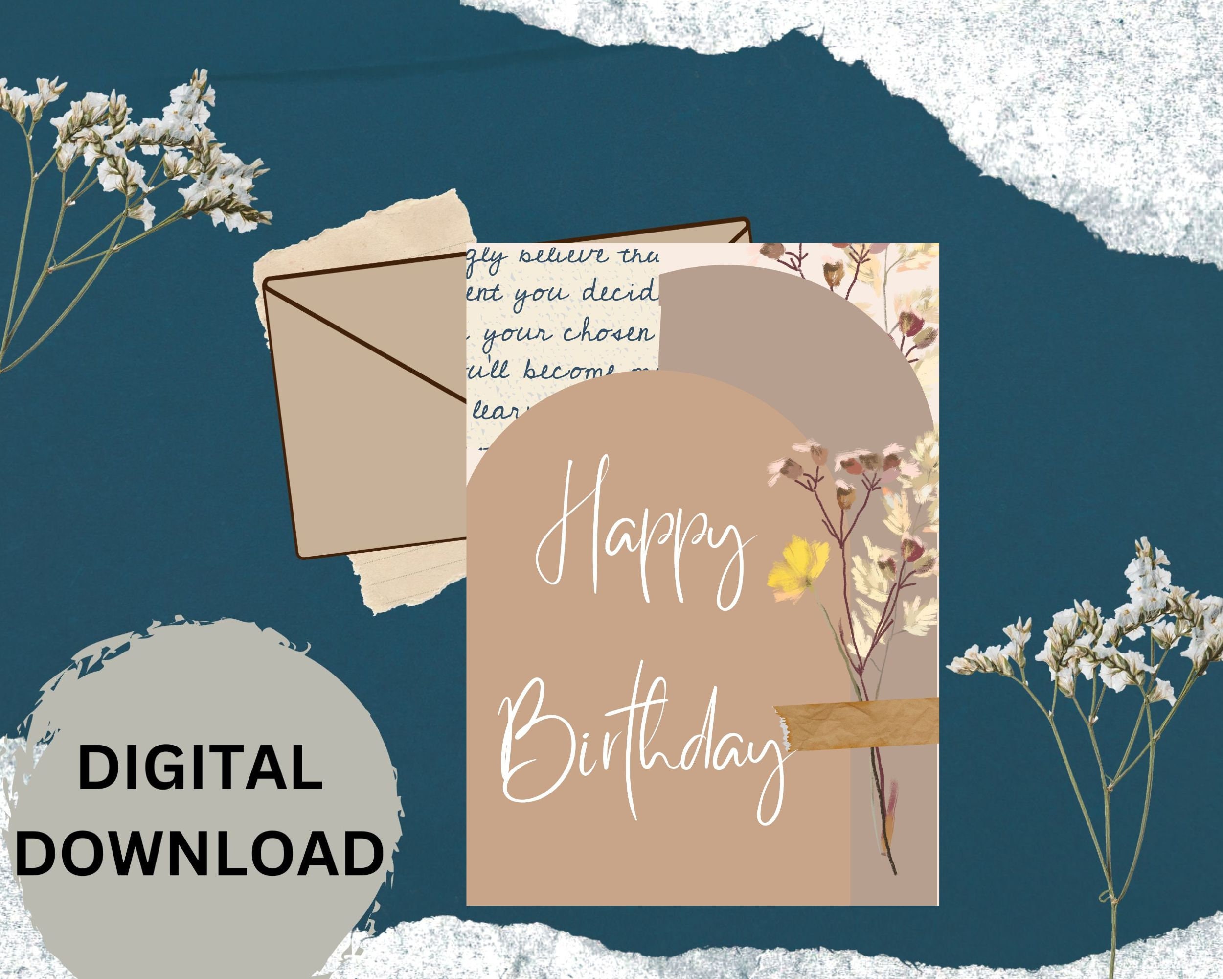Happy Birthday Digital Card Printable Birthday Floral Card - Etsy