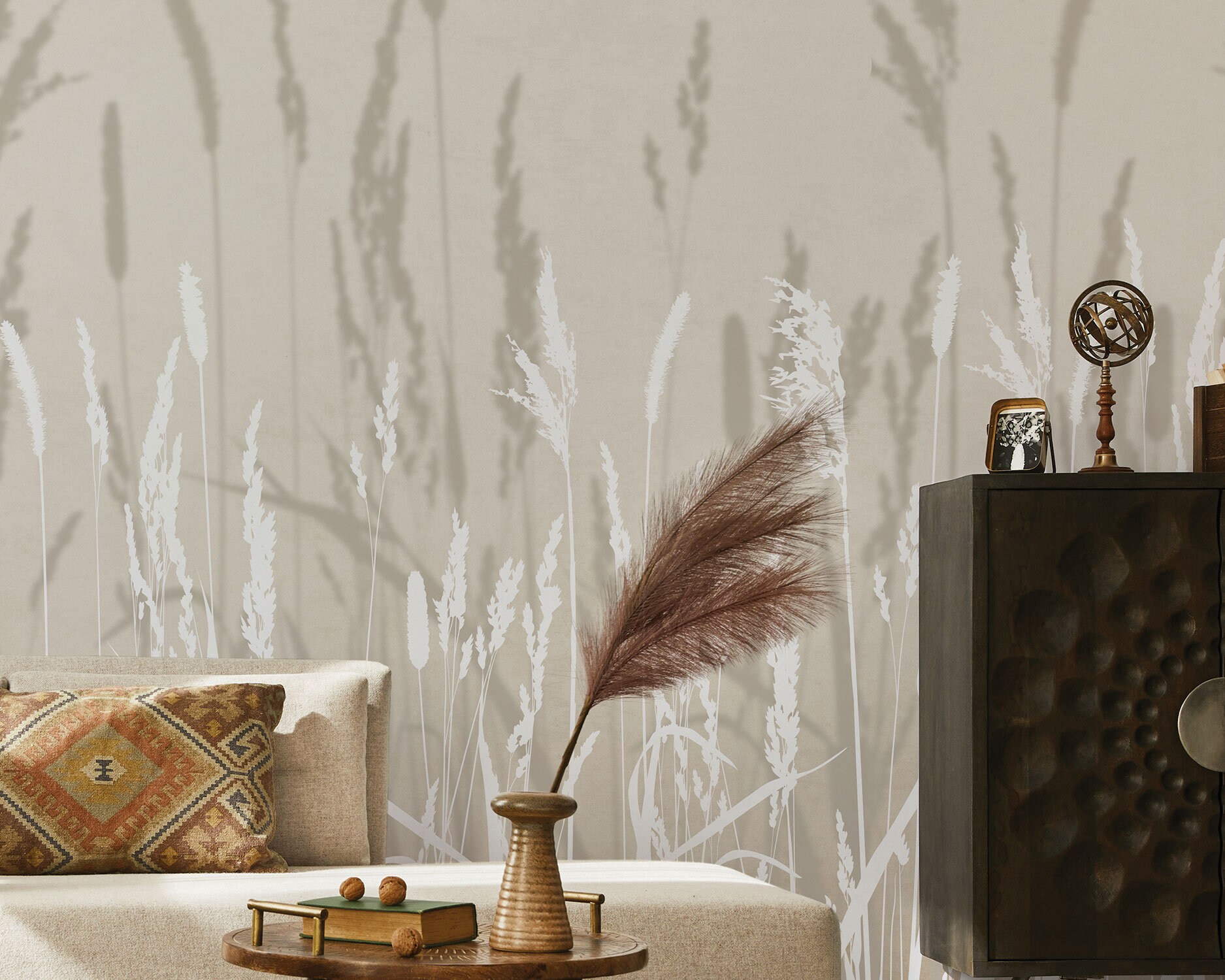 Boho Rustic Beige Wallpaper for Bedroom or Living Room. Flower Wall ...