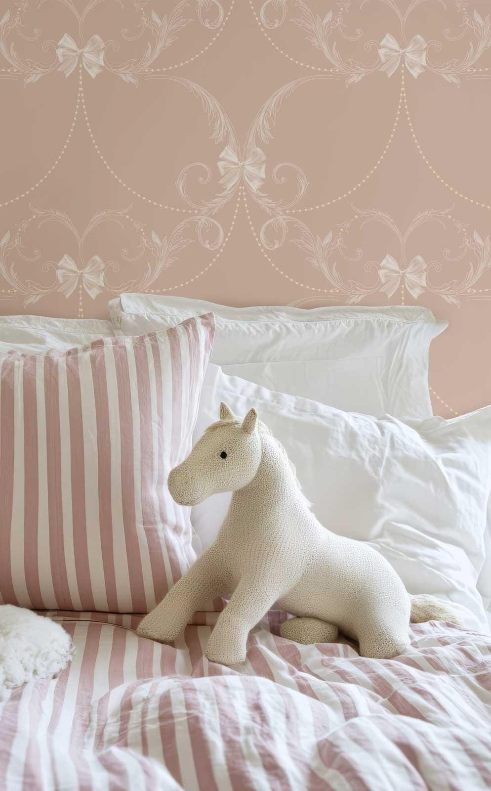 Blush Bow Pattern Wallpaper, Vintage Nursery Wall Decor, Soft Pink ...