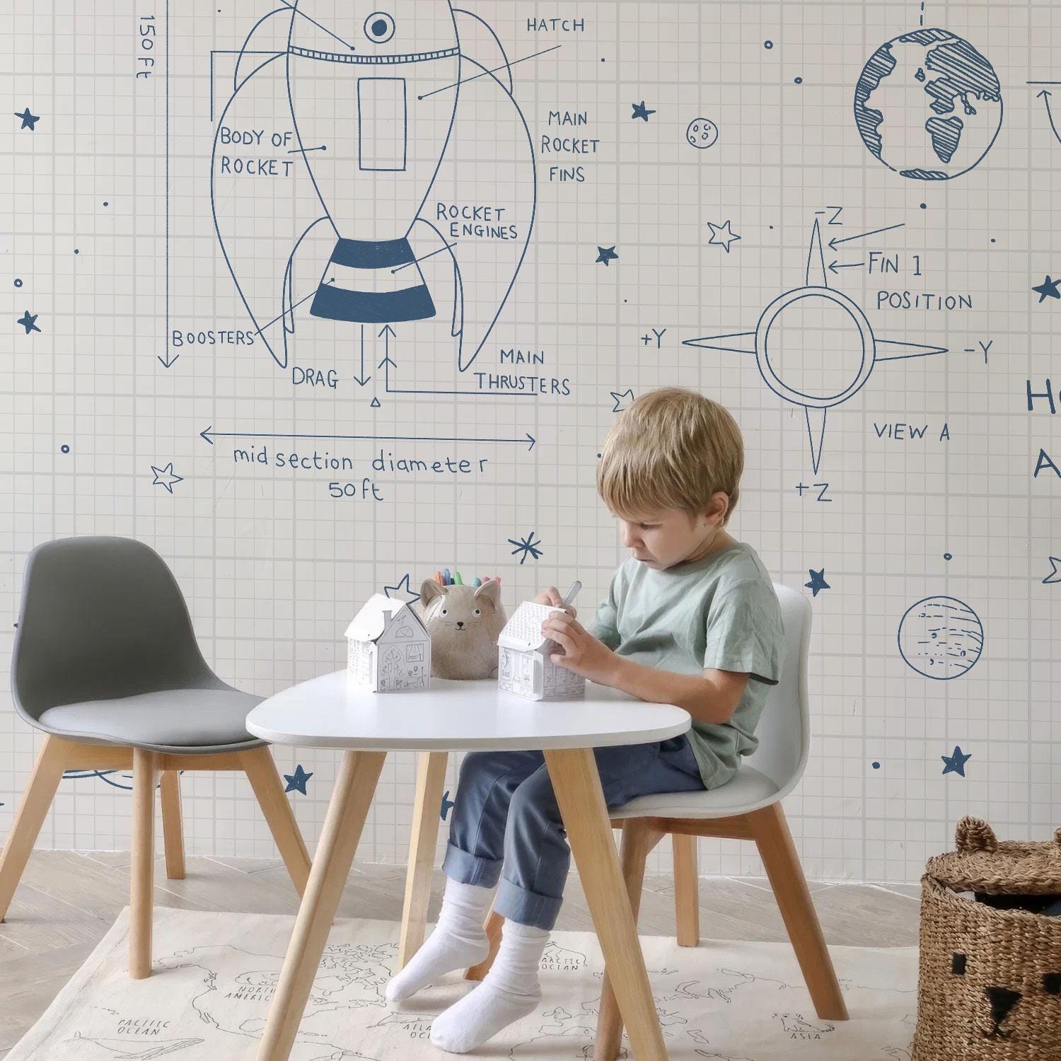 Rocket Blueprint Wallpaper – Space Wall Mural for Kids Room or Nursery ...