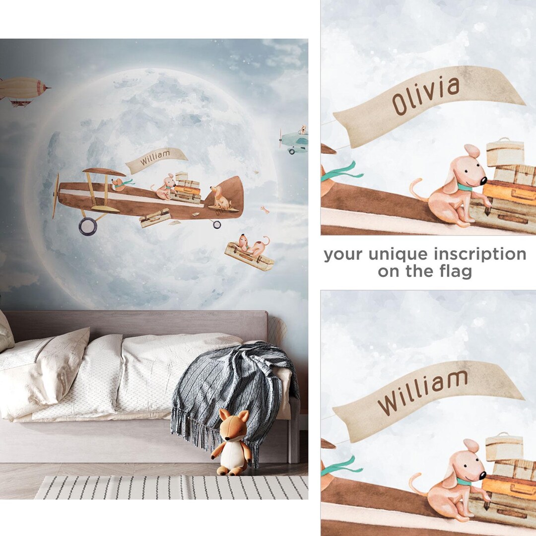 Aviation Dog Wallpaper – Nursery Wall Mural With Airplane and Moon for ...
