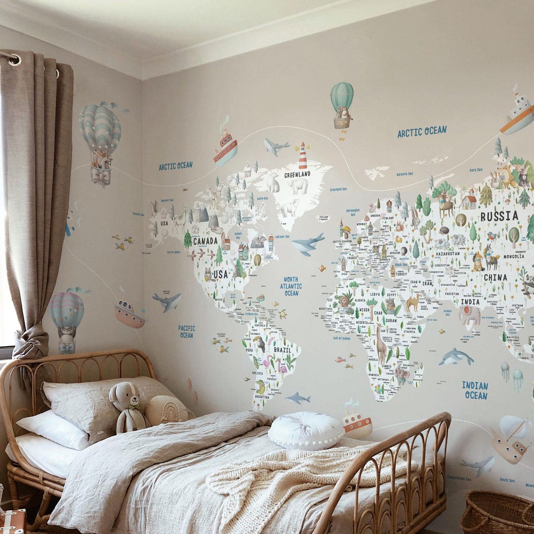 World Map Mural for Kids Room, Educational Animal Geography Wall Art ...