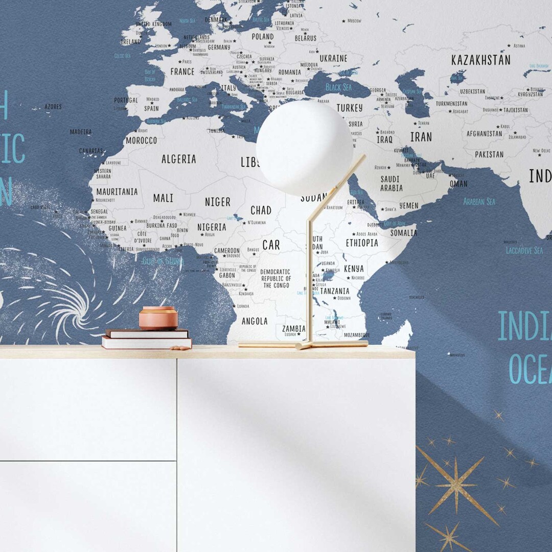 Space World Map Wallpaper With Astronauts, Planets, Nursery or Bedroom ...