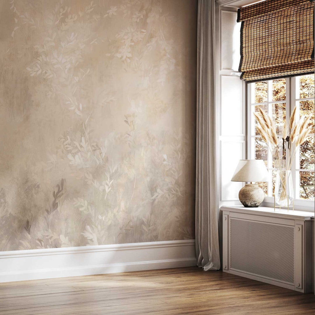 Beige Floral Wallpaper, Accent Wall, Textured Wall Covering, Flower ...